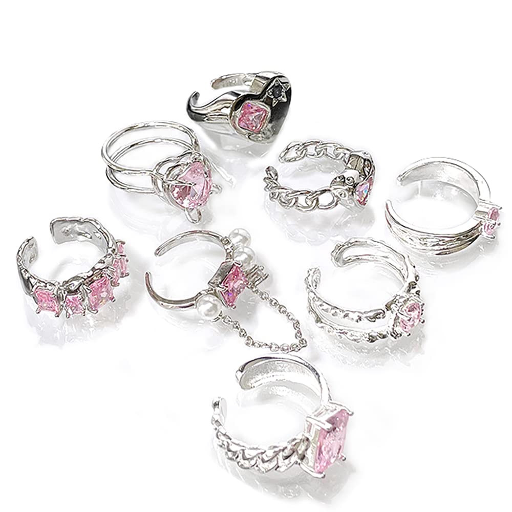 BENBIYO 8PCS Pink Crystal Rhinestones Rings Set Coquette Adjustable Heart Sparkling Stackable Knuckle Finger Ring for Women Girls