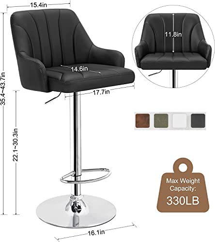 VECELO Bar Stools Set of 2, Adjustable Barstools, Counter Height Stools with Back and Arm, Kitchen Island Stools, Swivel PU Chairs for Pub, Dining Room, Modern Style, Black