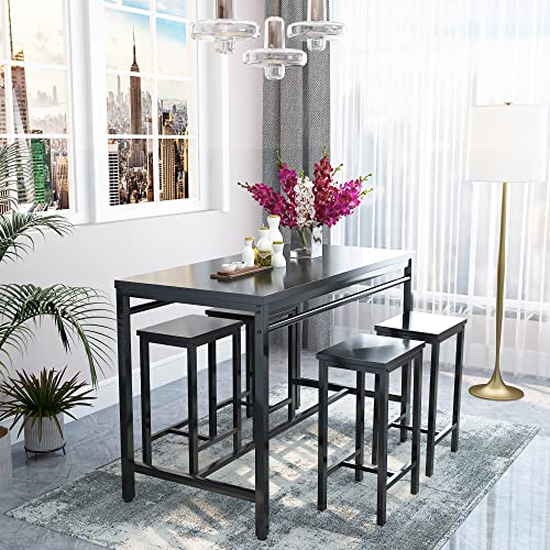 Lamerge Dining Bar Table Set for 4, Modern Counter Height Table and 4 Bar Stools, 5 Piece Bar Table and Chairs Set for Small Spaces, Apartment, Pub, Dining Room, Kitchen (Black)