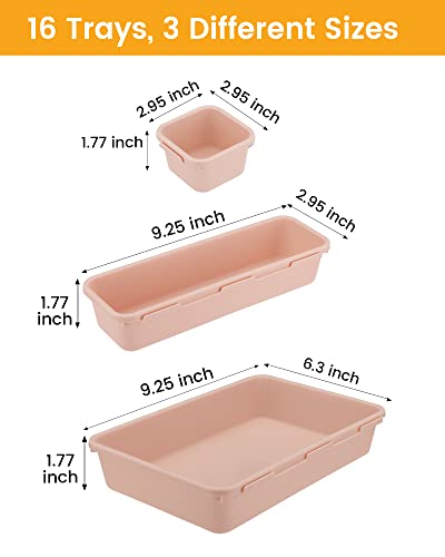 Famhap 16 PCS Pink Desk Drawer Organizers, Versatile Bathroom and Vanity Drawer Organizer Trays, Storage Bins for Makeup, Bedroom, Kitchen Gadgets Utensils and Office (Pink)