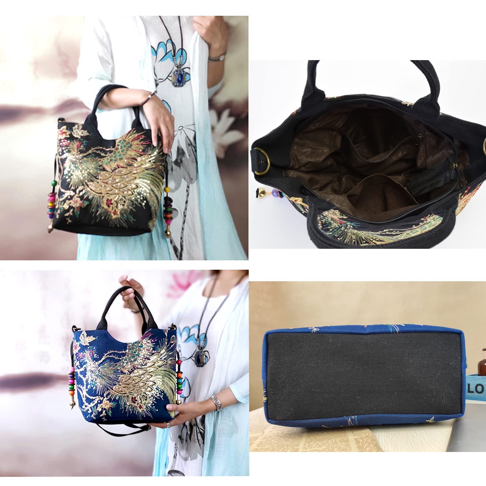 Women Vintage Sequins Peacock Handbag - Ethnic Embroidery with Pendants (black)