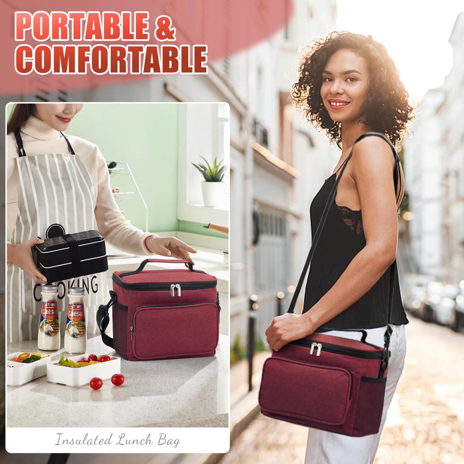 BECOJADDE Lunch Bag for Men and Women, Insulated Lunch Box Soft Cooler with Shoulder Strap for Work Travel Picnic (10L, Red)