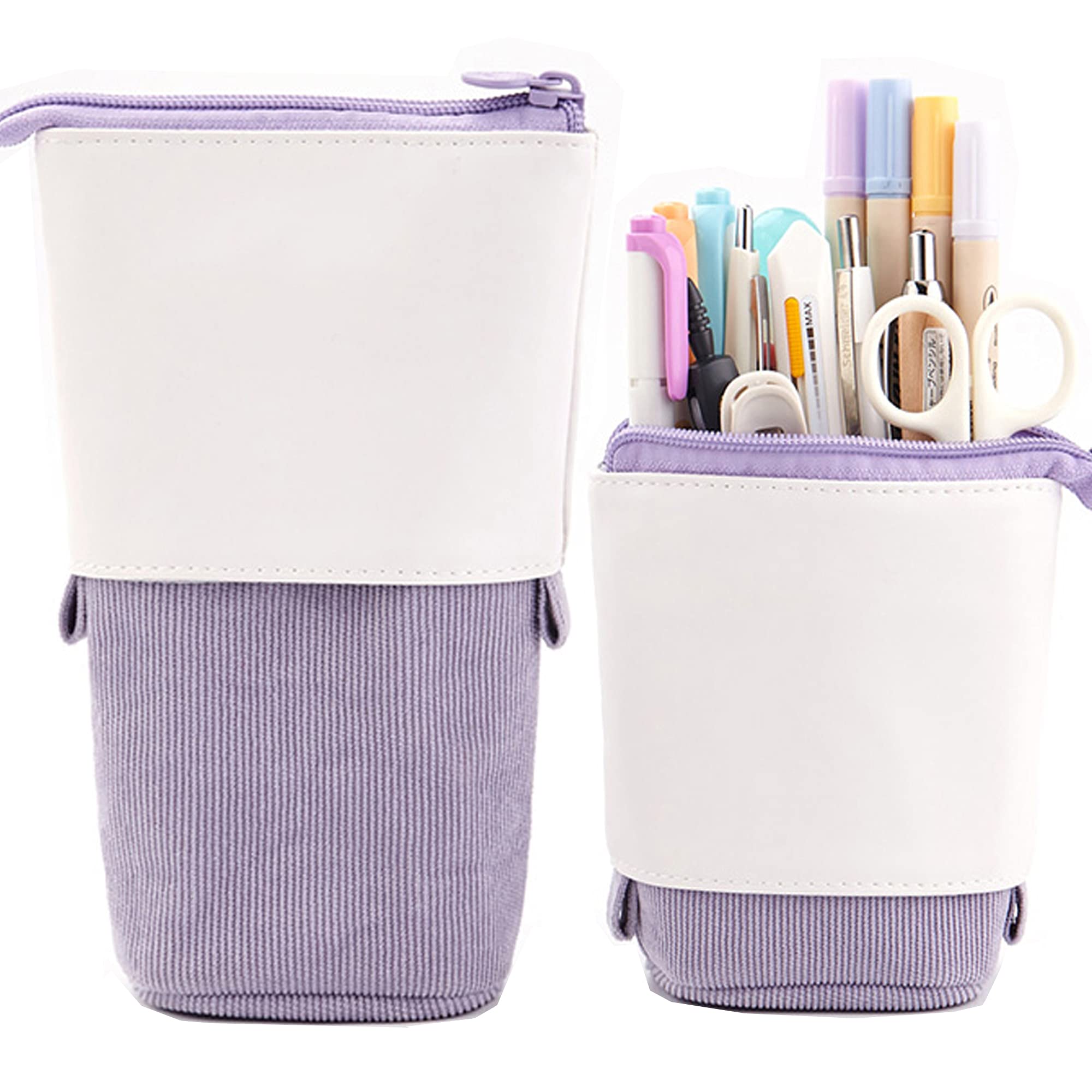 Friinder Telescopic Pencil Bag Pen Holder Stationery Case, PU Corduroy Stand-up Retractable Transformer Bag Colorful Organizer, Great for Christmas Holiday