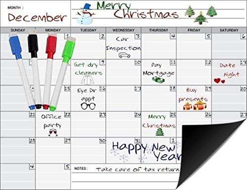 Magnetic Monthly Calendar, White Board, Planner, for your Refrigerator or Office 17" x 13" Inches ● Includes: Perpetual Dry Erase Calendar- Planner ● 4 Magnetic Color Dry Erase Markers! & Cloth Eraser