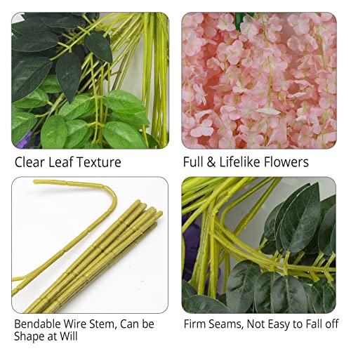 LUZOGA 25 Pack (90.2FT) Artificial Wisteria Flowers Fake Vine Ratta Hanging Garland Silk Flowers String for Home Party Garden Wedding Decor(Light Pink)