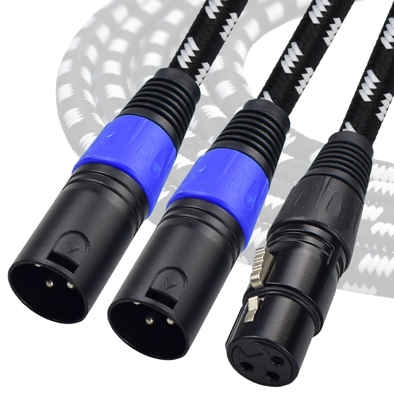 Mugteeve XLR Y Splitter 1 Female to 2 Male, 2 Feet Microphone XLR Breakout Cable Balanced Left and Right Dual Male to Single Female, Nylon Braided Heavy Duty, Noise Free, for Mixer/Speaker/MIC