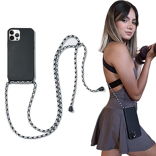 Ecofriendly iPhone 12 Mini Crossbody Cord Case Leash Hands-Free Adjustable Strap Landyard Shockproof Resistant Cover (Black)
