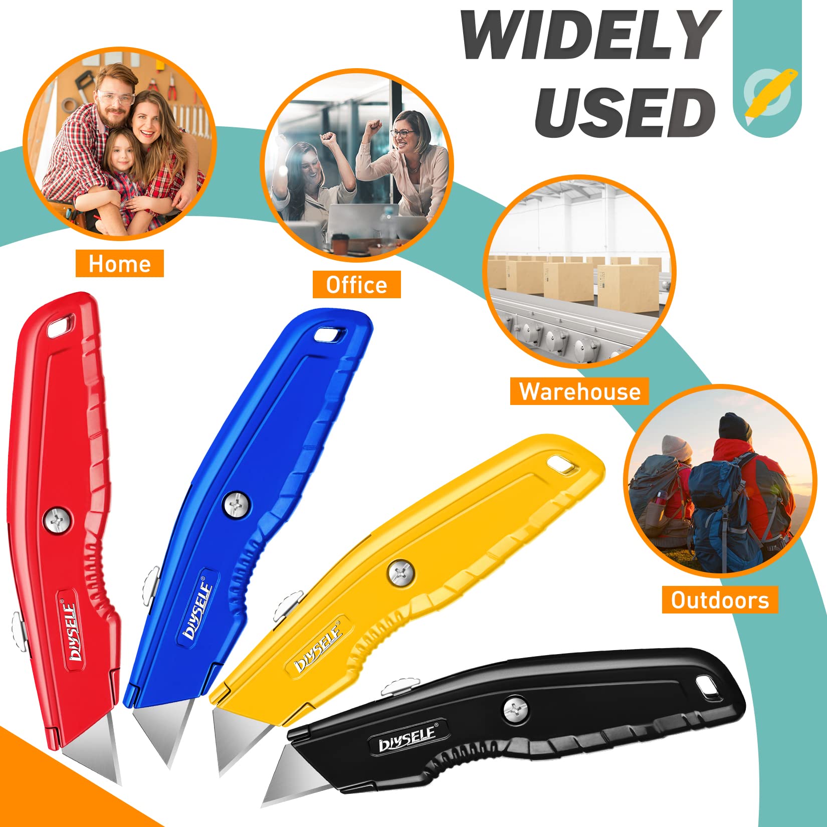 DIYSELF 4 Pack Box Cutters, Utility Knife with 10 Pcs Blades, Box Cutter Heavy Duty for Carpet, Cardboard, Vinyl, and Paper, Sharp Razor Knife, Package Opener, Box Cutter Retractable, Box Cutter Knife