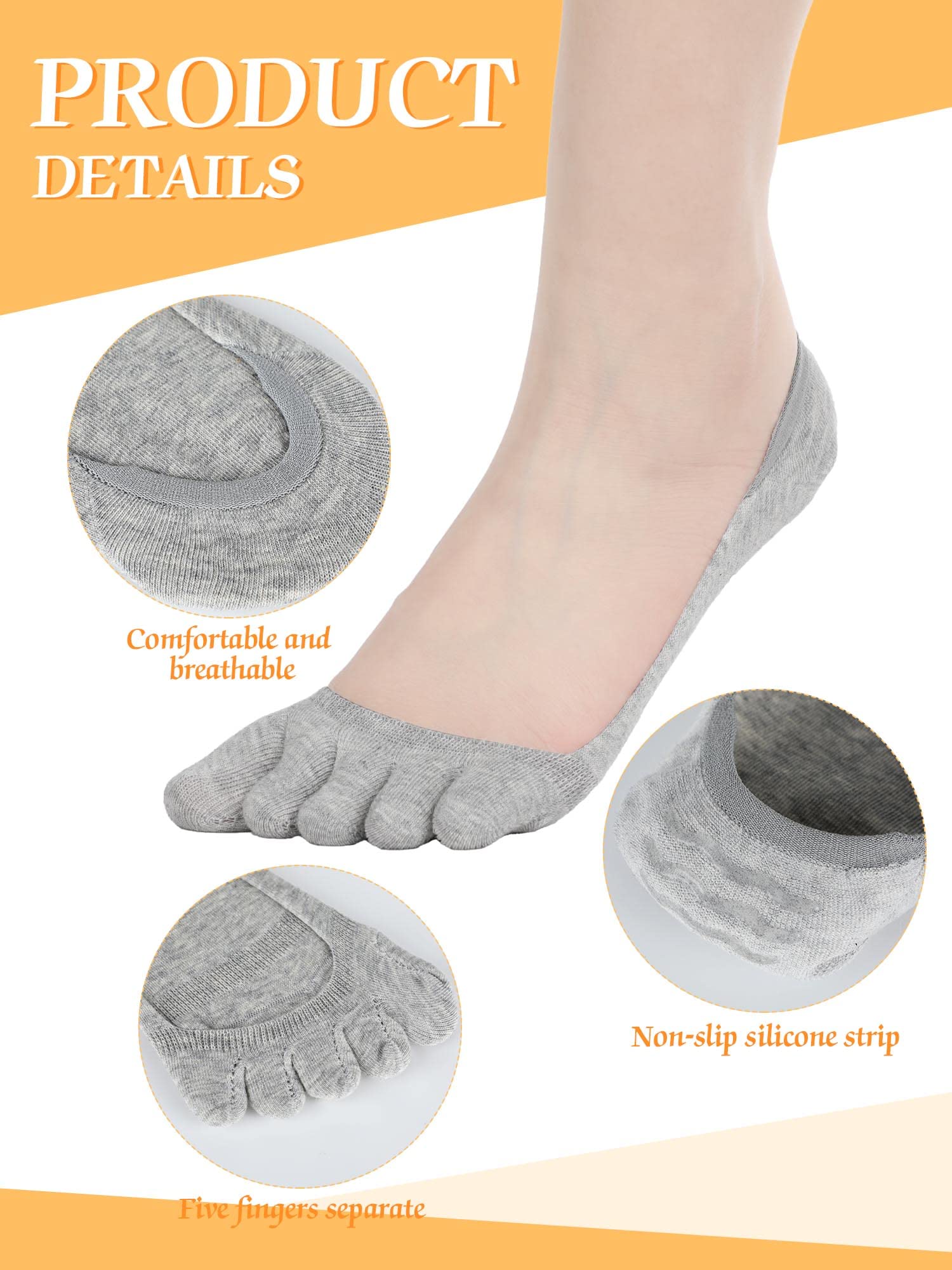 Bencailor 6 Pairs No Show Toe Socks Women Low Cut Toe Separator Socks Invisible Liner Boat Breathable Athletic Cotton Sock(Black, White, Gray)