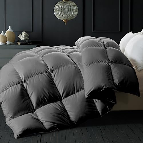 ELNIDO QUEEN Feather Down Comforter Queen Size - Grey Down Duvet Insert - Luxurious Fluffy Hotel Style Bedding Comforter - 100% Cotton Cover All Season Medium Warmth - Queen Size (90x90 Inch)