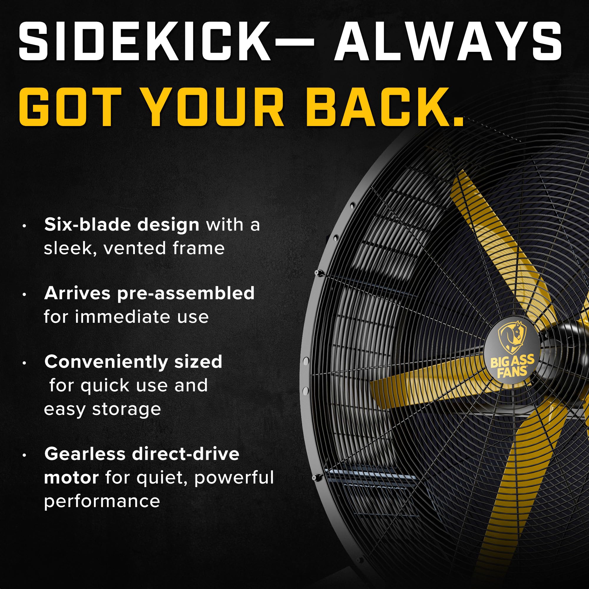 Big Ass Fans – Sidekick Directional Barrel Fan – 4 Ft Diameter – 6 Blade Design with Variable Speed Control – Indoor & Covered Outdoor Ready – Quiet Performance - Black/Yellow