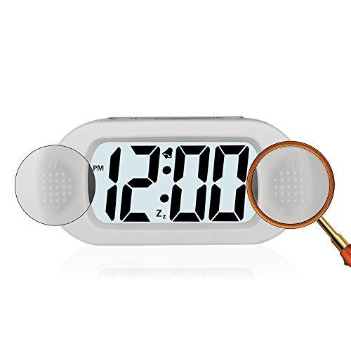 Plumeet Digital Alarm Clock Travel Clock with Snooze and Nightlight - Easy to Set Simple Bedside Alarm Clocks for Kids - Ascending Sound - Battery Powered (White)