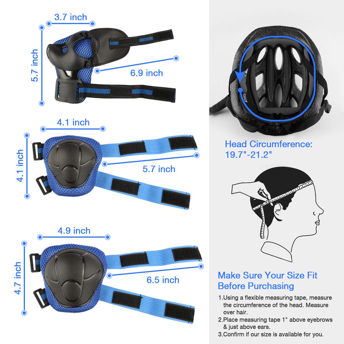 Besmall Kids Helmet Protective Gear Set, Child Ages 3-7 Cycling Adjustable Helmet Safety Pads Set for Boys Girls Roller Skateboard Bicycle Blue （Helmet + 2 Knee + 2 Elbow Pads + 2 Wrist Guards）