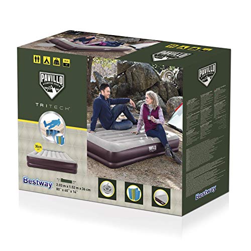Bestway Pavillo Tritech Inflatable Queen Air Mattress Indoor or Outdoor Bed with Electric Pump, Tight Sealing Plug, and Storage Bag, Maroon