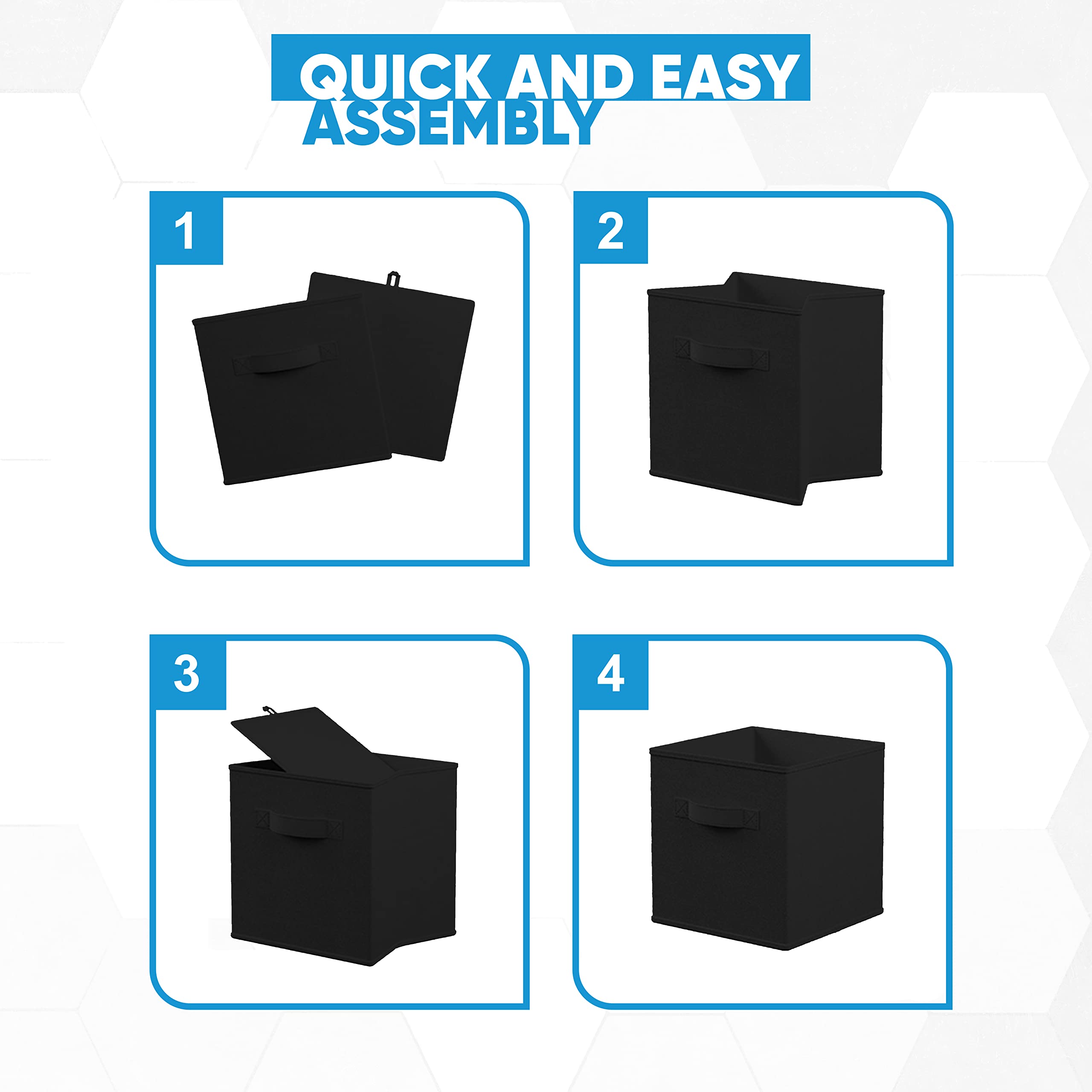 Klozenet Foldable Storage cubes 4-Pack, Fabric Organizer Bins / cube storage basket With Handle For Organizing cubby or Closet Shelves, Storage, Books, Cloth and Toys, (Black)