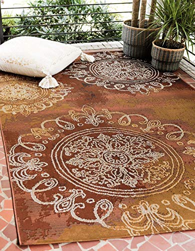 Unique Loom Outdoor Modern Collection Area Rug - Trio (5' 3" x 8' Rectangle, Rust Red/ Gold)