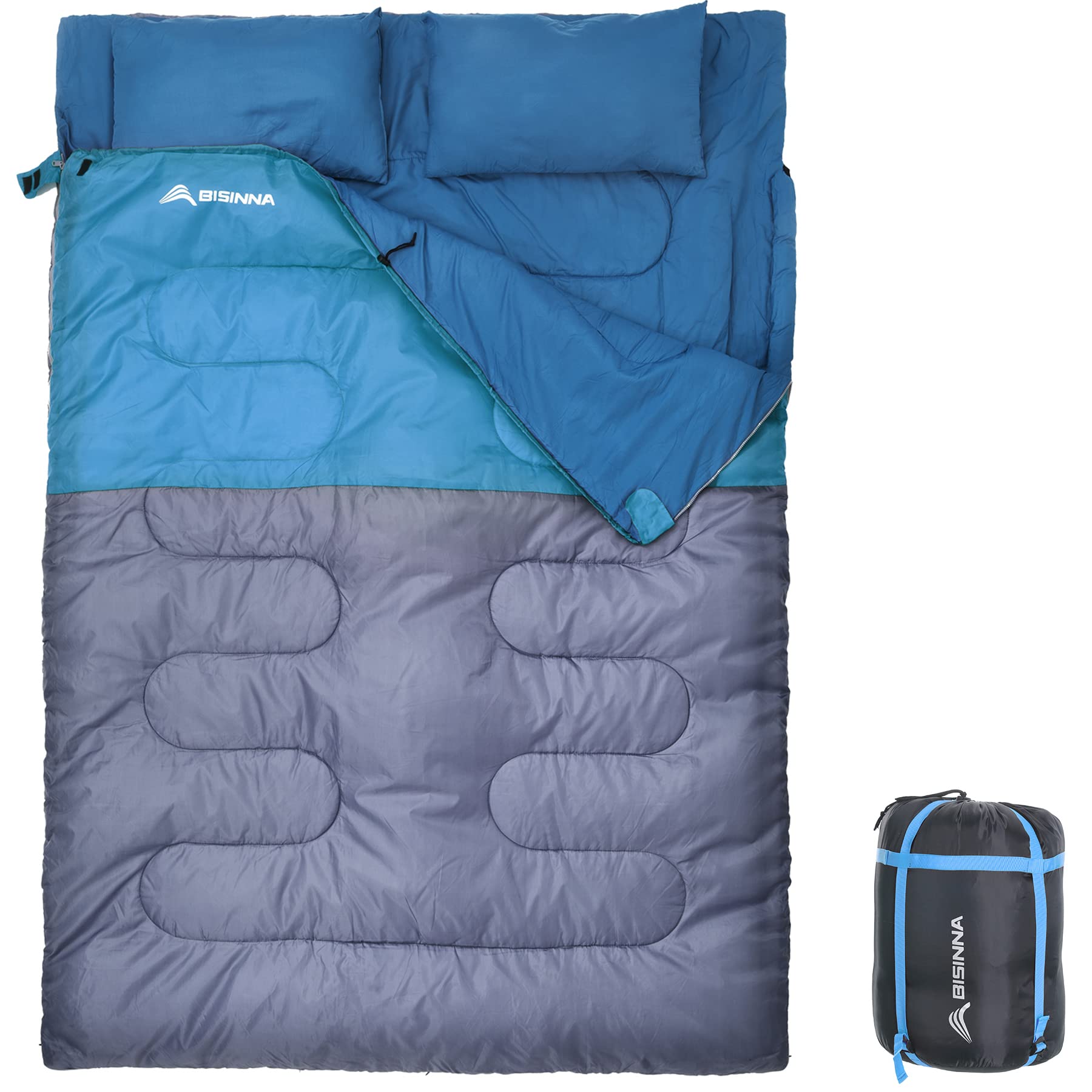 BISINNA Double Sleeping Bag for Adults & Kids 2 Person Sleeping Bag with 2 Pilows for Backpacking Camping Hiking Queen Size XL Waterproof Cold Weather Warm - 4 Seasons…