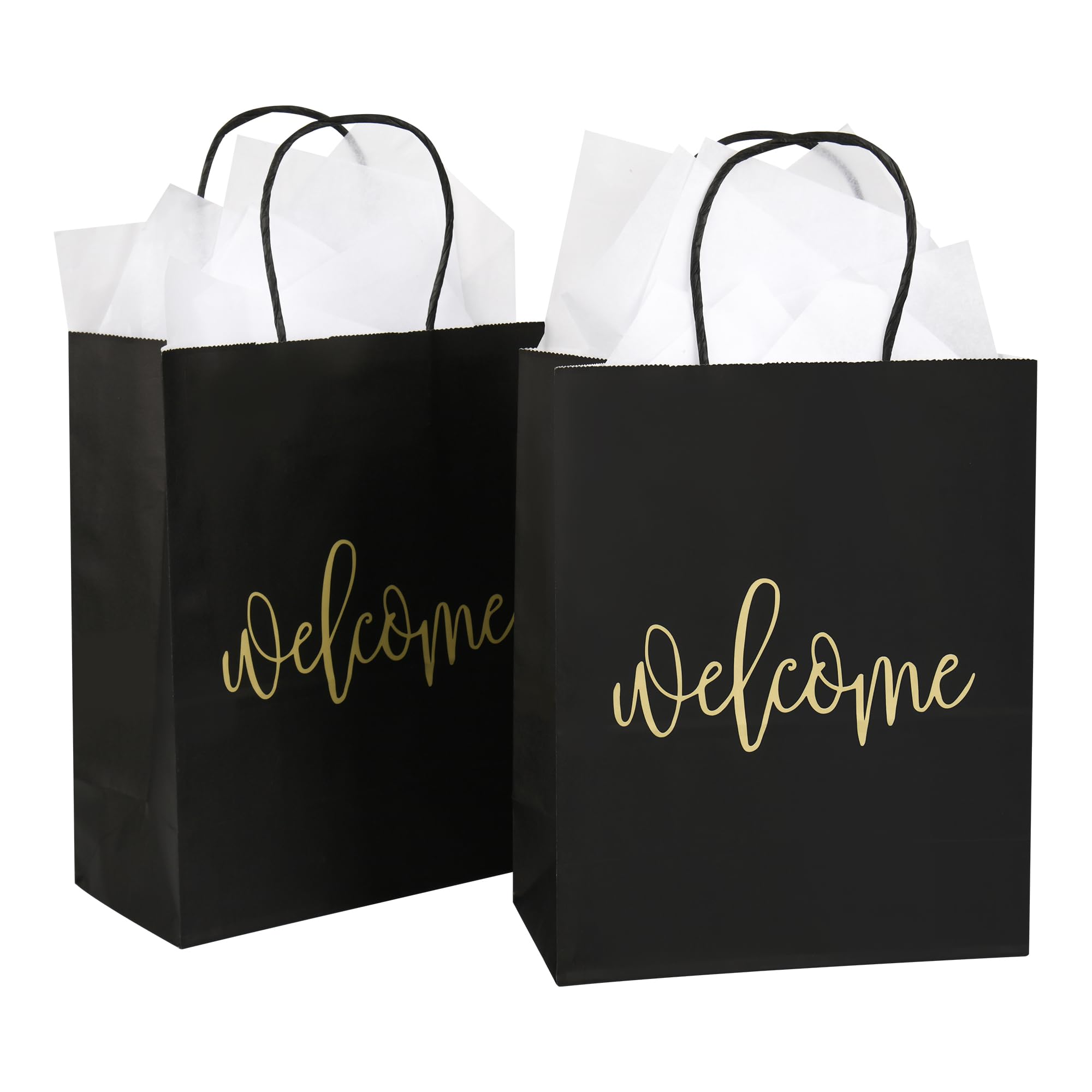 DjinnGlory 50 Pack Medium Black Welcome Paper Gift Bags with Handles and 50-Sheet White Tissue Paper for Wedding Hotel Guests Engagement Bridal Shower Birthday Party Favors (10''x8''x4'')