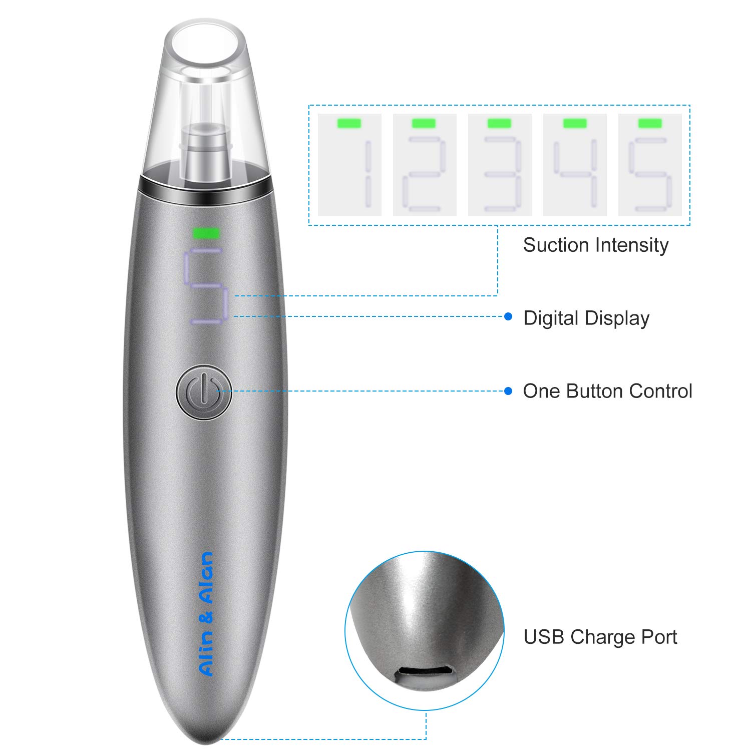 Blackhead Remover Vacuum Pore Cleaner, Alin&Alan Electric Blackhead Vacuum Suction Devices, USB Rechargeable Acne Comedone Extractor Tool Kit (Grey)