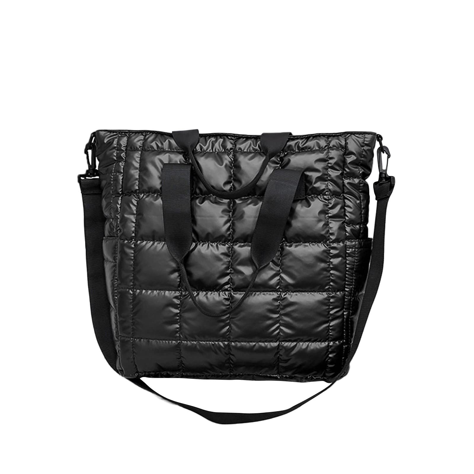 Beach Bags For Women Women's Bags Solid Color Plaid Quilted Bag Large Capacity Zipper Shoulder Bag (Black, One Size)