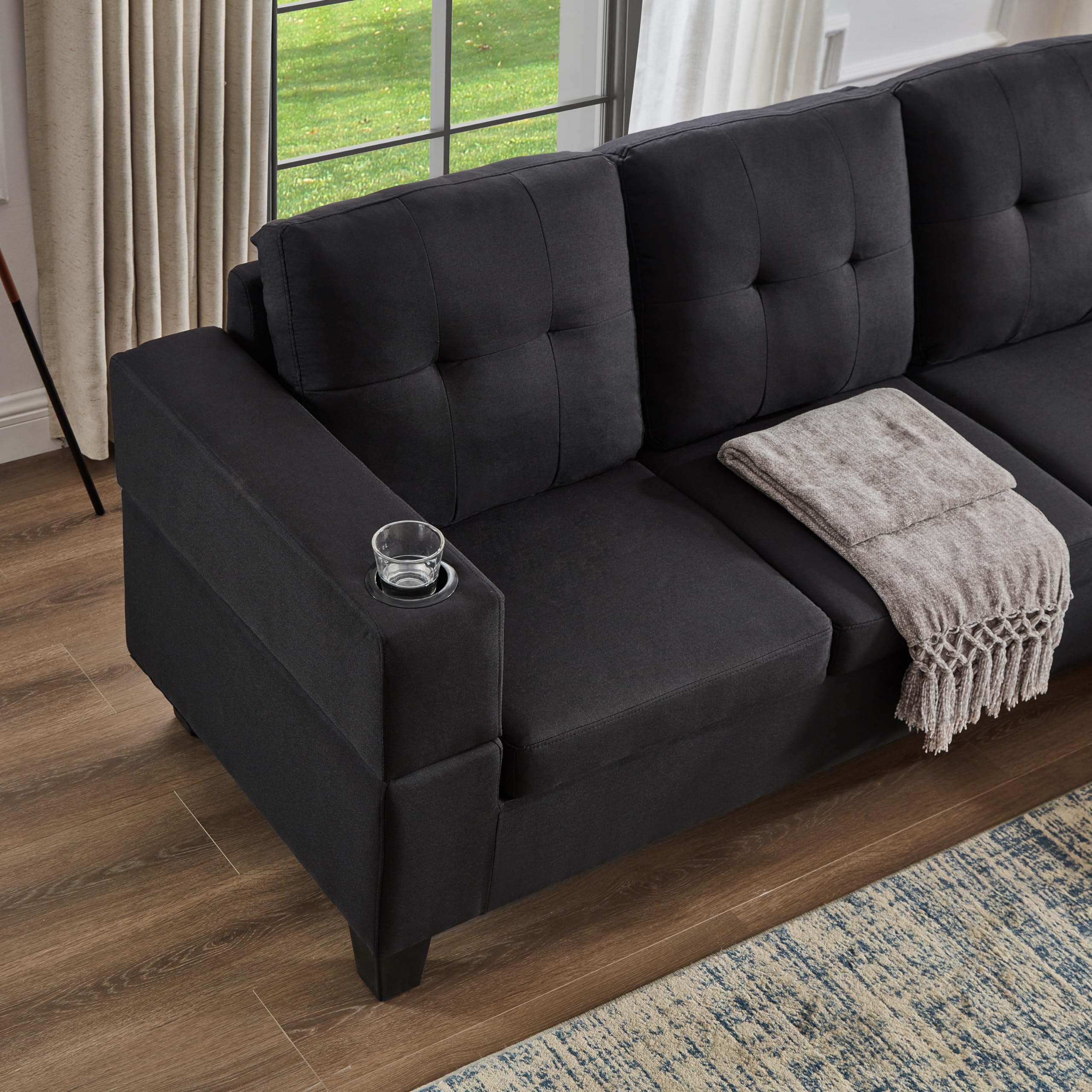 DS-HOMEPORT Black Sectional Sofa Couch Living Room, 4 Seater Convertible L Shaped Couch with Right Chaise, Sectional Sofa with Large Storage, 96.46" D x 59" W x 29.13" H(Right)