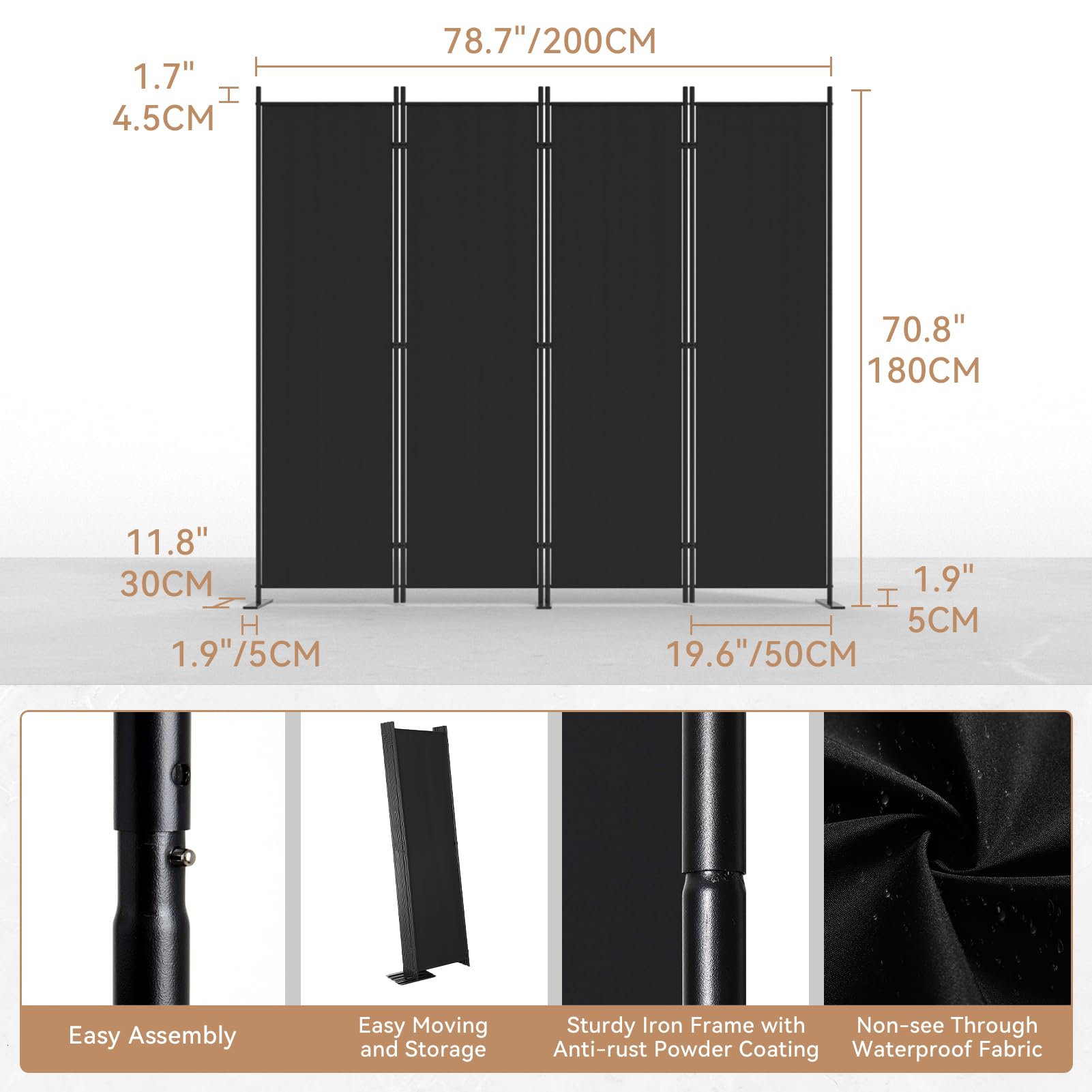 C-Hopetree 8 Panels Room Divider, 6 Ft Tall Indoor Folding Privacy Screen, Portable Partition Separator, Freestanding Separation Temporary Wall for Office, Bedroom, 160" W X 71" H, Black