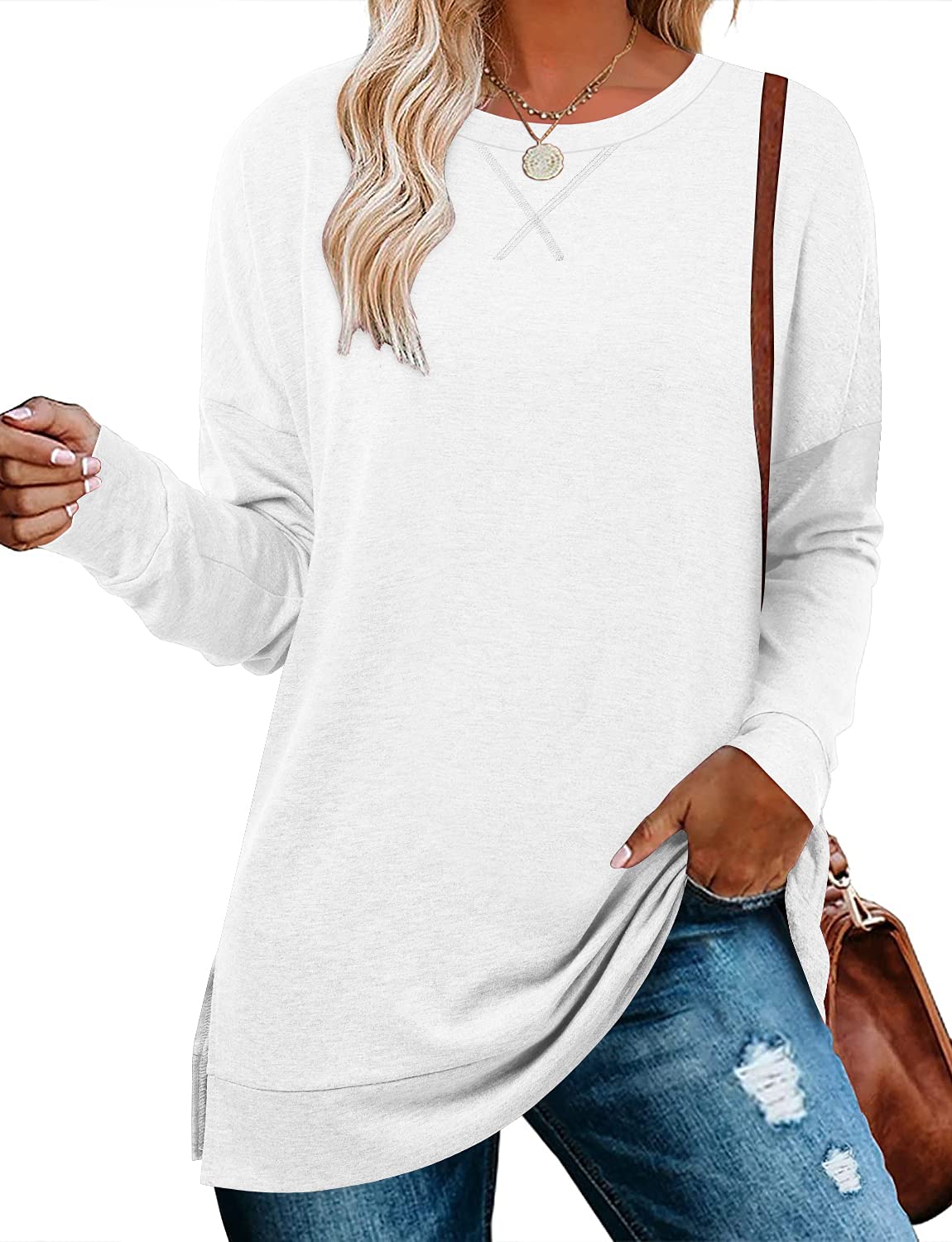 BETTE BOUTIK Cozy Long Sleeve Sweatshirt Women Side Slit Tunic Shirts for Women Sweatshirts for Women Dropped shoulder Tops for Women White Sweatshirt Woman White Large