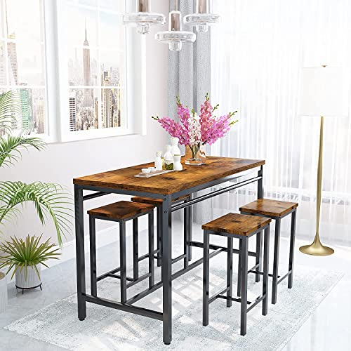 Lamerge Dining Bar Table Set for 4, Modern Counter Height Table and 4 Bar Stools, 5 Piece Bar Table and Chairs Set for Small Spaces, Apartment, Pub, Dining Room, Kitchen (Rustic Brown)