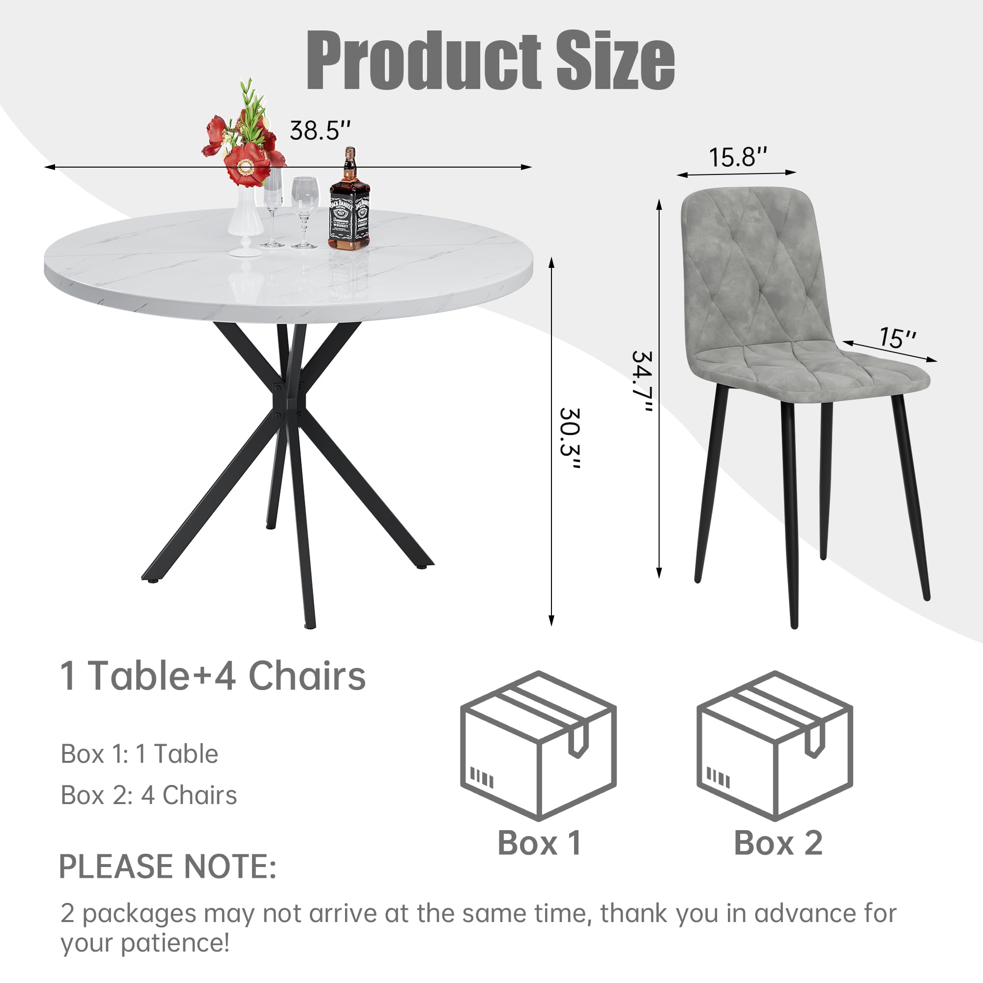 DKLGG White Round Dining Table Set for 4, 39" Round Kitchen Table Set with 4 Upholstered Velvet Chairs, Space-Saving Dining Table Set for Kitchen Dining Room(1 White Table with 4 Grey Chairs)