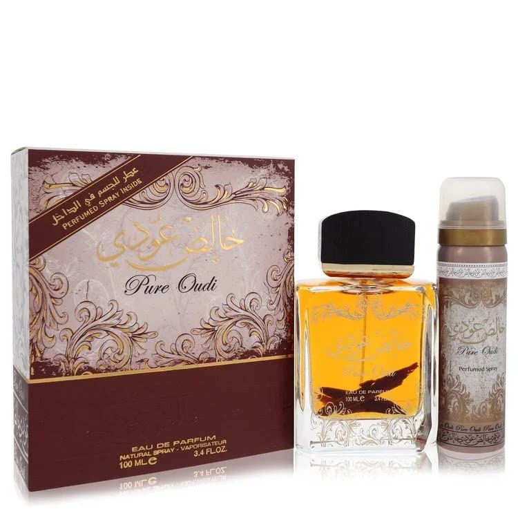 Lattafa Perfumes Pure Oudi (Khalis Oudi) 2 Piece Set for Unisex (3.4 Ounce Eau de Parfum Spray + 1.7 Ounce Perfumed Body Spray)