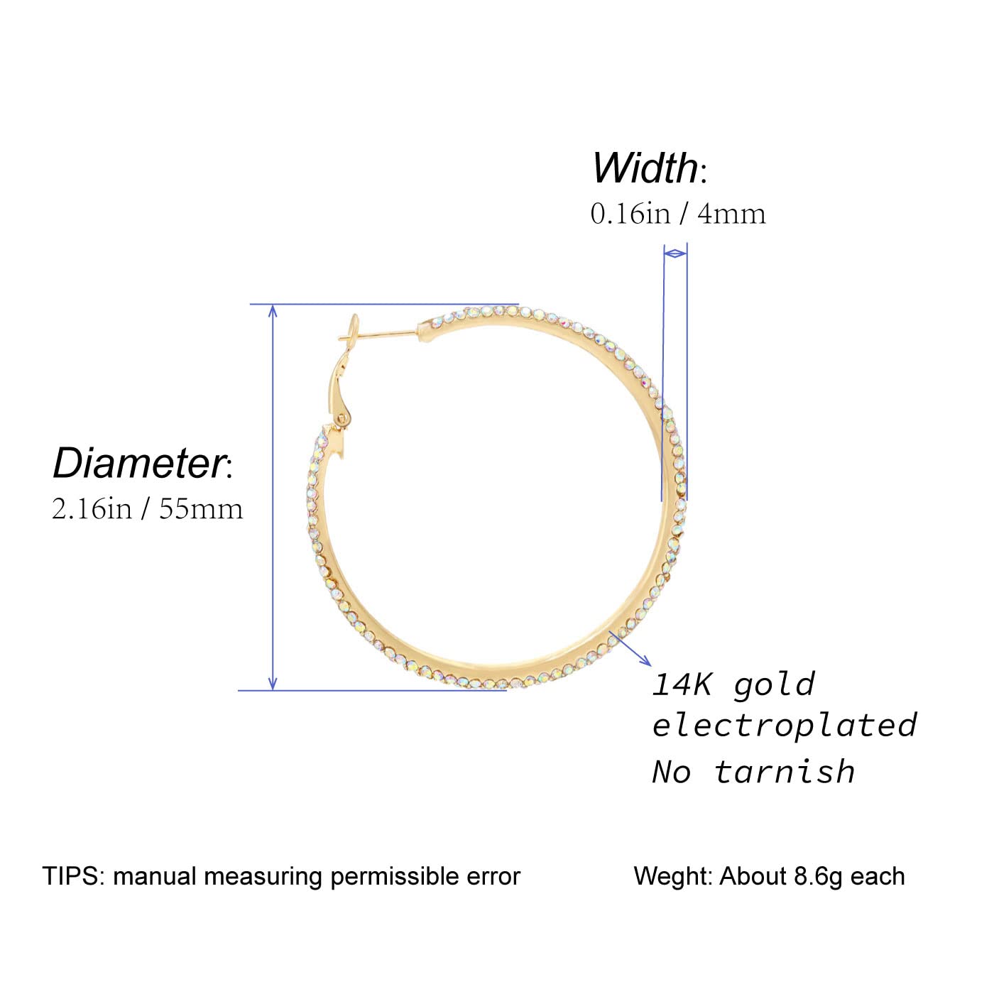 Big Hoop Earrings AB Crystal for Women - PeriFairy Round Iridescent Dangle Drop Gold Pierced Prom Jewelry