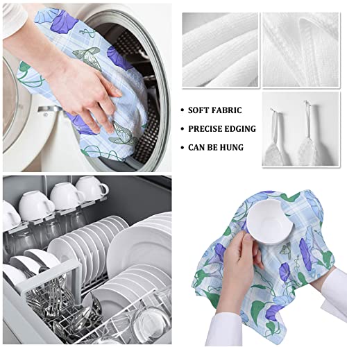 Garden Butterfly Morning Glory Vine Kitchen Cloth Dish Towel 18x28in Pack of 1,Super Soft Absorbent Tea Towels Hand Towel Flower on Blue Lattice Grid Cleaning Dish Cloths for Drying Dishes