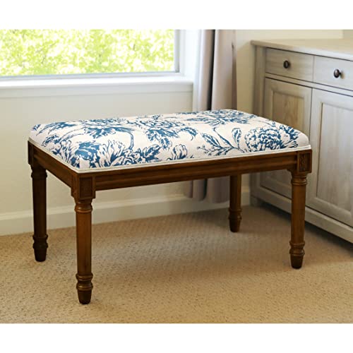 Navy Bench with Wood Stain Finish Blue Floral Classic Pattern Linen Solid