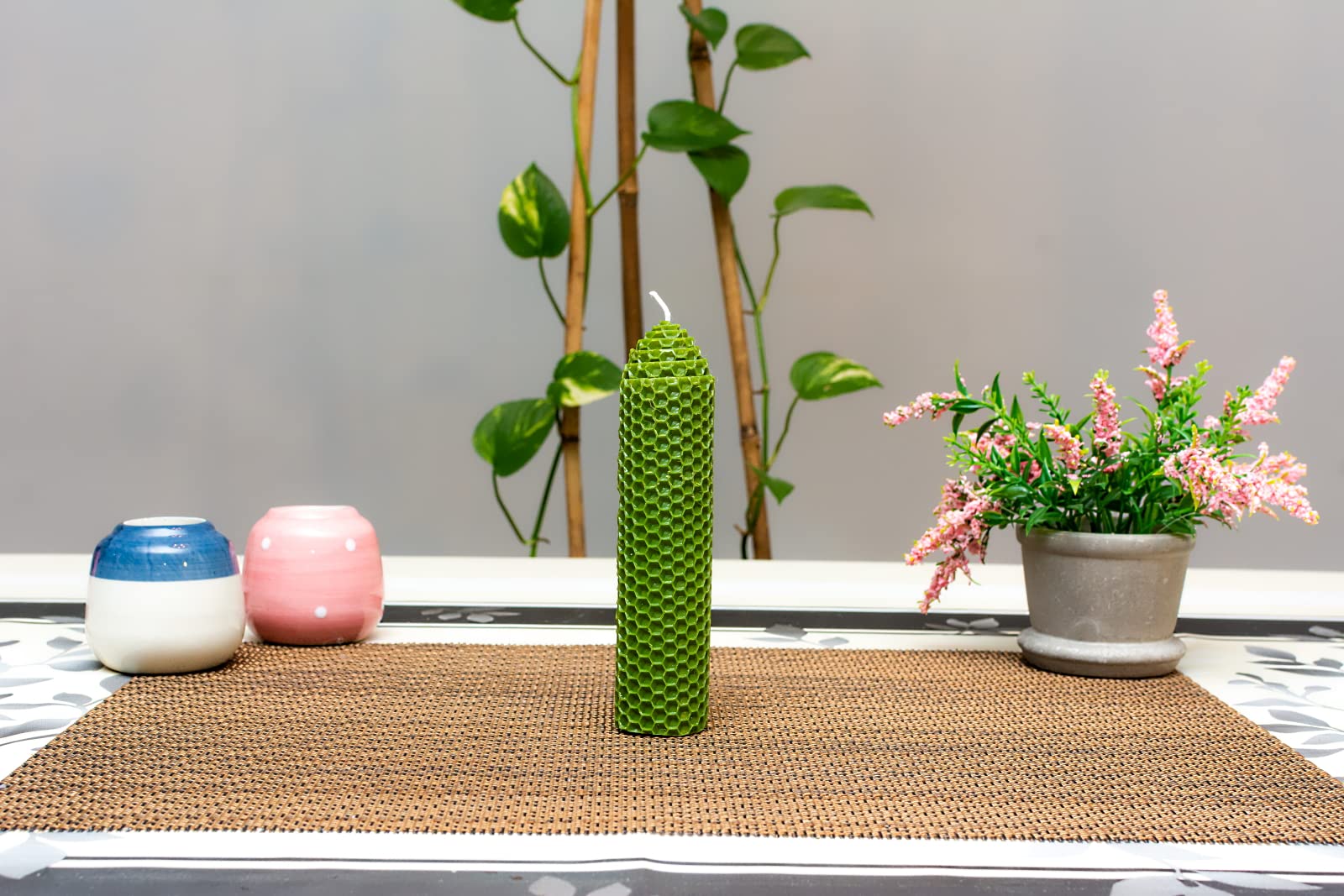 Phyther 100% Natural Beeswax Pillar Candles (6 x 1.25-1.5 inches). Unscented, Honeycomb Pattern Candlestick for Table Centerpiece Décor. Green (2 pcs)
