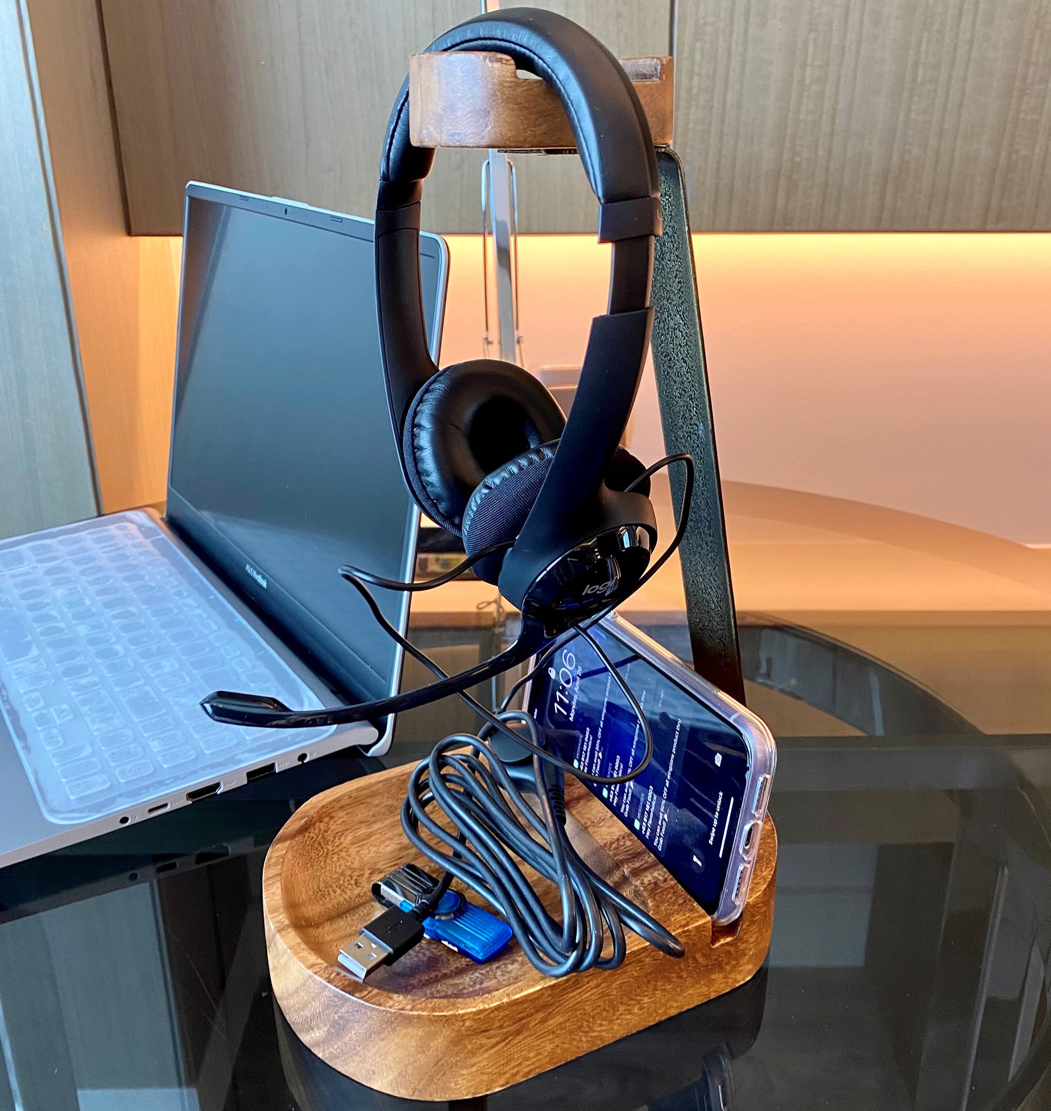 WRIGHTMART Acacia Wood Headphone Stand, Headset Stand with Storage Tray, Heavy Duty Holder for Over-Ear Headphones, Cell Phone, iPhone, Compatible with Bose, Beats, Sony, Sennheiser