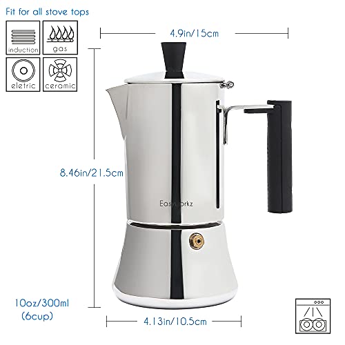 Easyworkz Pedro Stovetop Espresso Maker, Bundled With Stainless Steel Espresso Cup 2pcs Set Double Wall Insulated Metal Demitasse Cups, Silver