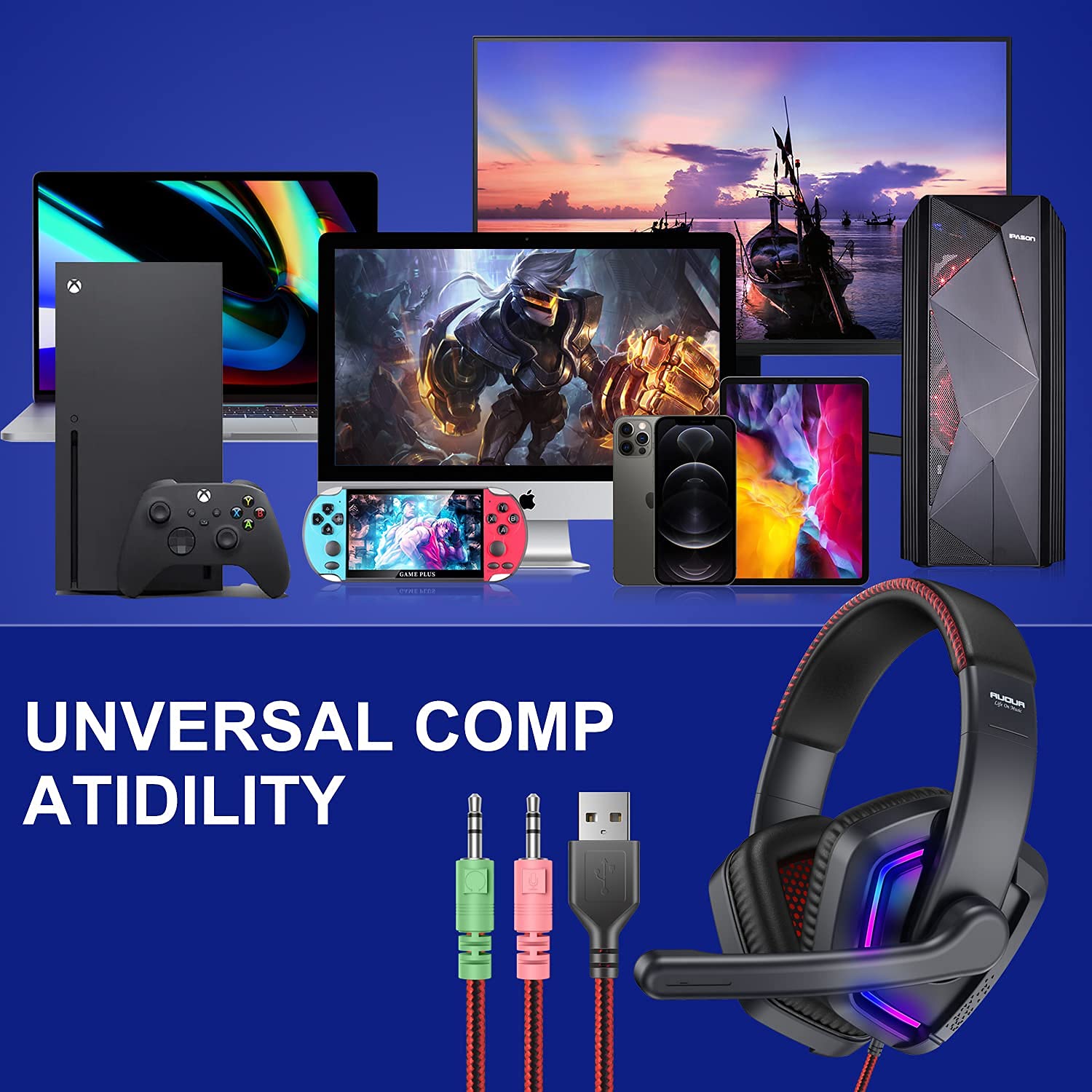 AUOUA Gaming Headset with Active Noise Cancelling Mic, Over Ear Wired Gaming Headphone │Colorful RGB Lights, 3D Stereo Sound│Soft Memory Foam Earmuffs, 3.5mm Jack Compatible with PC PS4 PS5 Gamer
