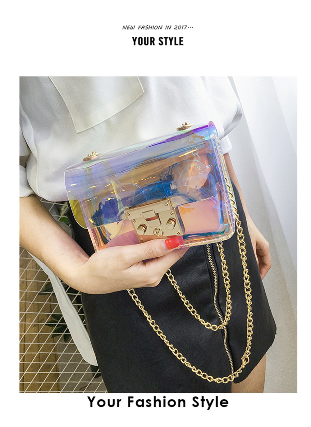 Holographic Clear Purse Crossover Shoulder Messenger Bag Laser Sling Purse with Golden Chain, Transparent