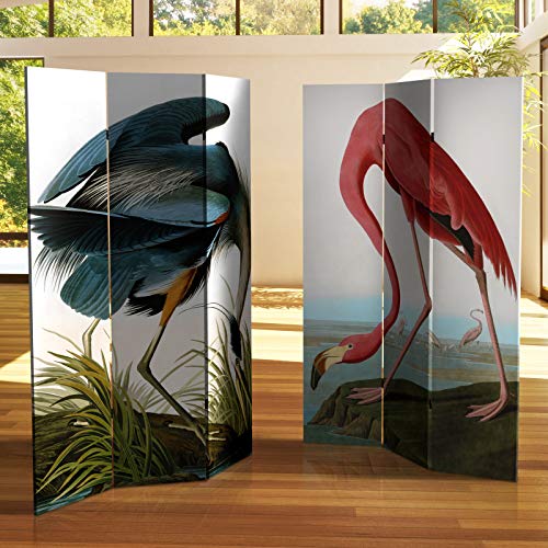Red Lantern 6 ft. Tall Double Sided Audubon Heron & Flamingo Canvas Room Divider 3 Panel Freestanding Folding Privacy Screen, Partition, and Separator for Modern and Contemporary Bedroom, Home Office