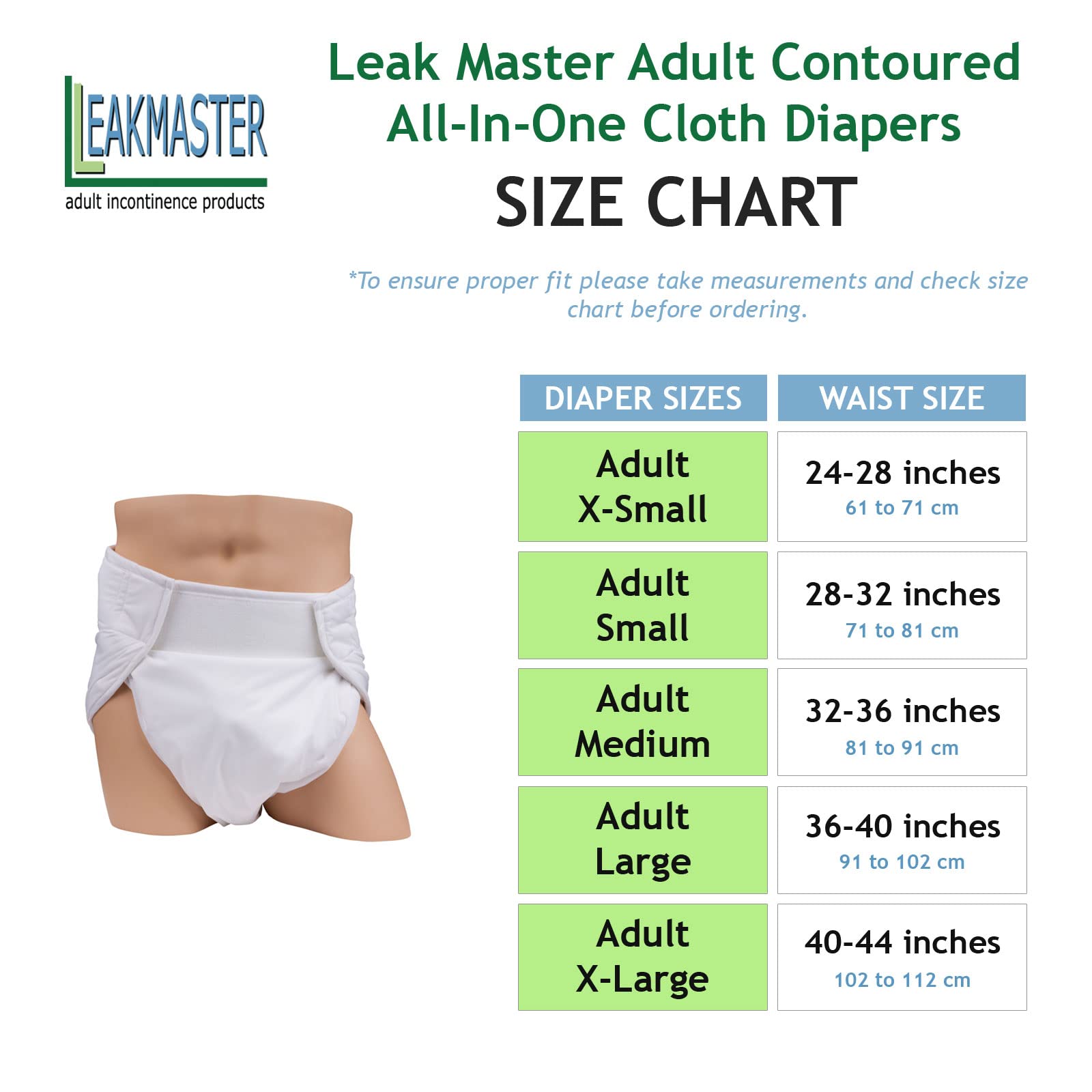 LeakMaster Adult Sized Contoured All in One Cloth Diapers - Hourglass Shaped Multi-Layered Cotton Gauze Interior with PUL Waterproof Outer Moisture Barrier - Medium (Fits 32-36 Inch Waists)