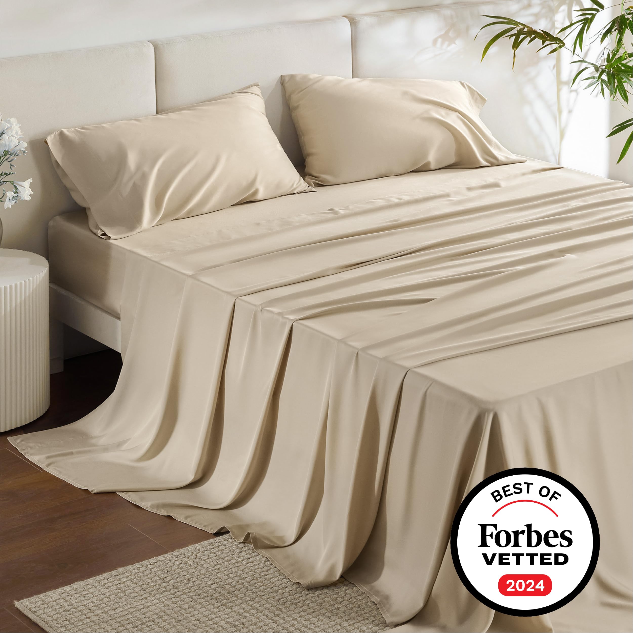 Bedsure King Size Sheet Set, Cooling Sheets King, Rayon Derived from Bamboo, Deep Pocket Up to 16", Breathable & Soft Bed Sheets, Hotel Luxury Silky Bedding Sheets & Pillowcases, Beige