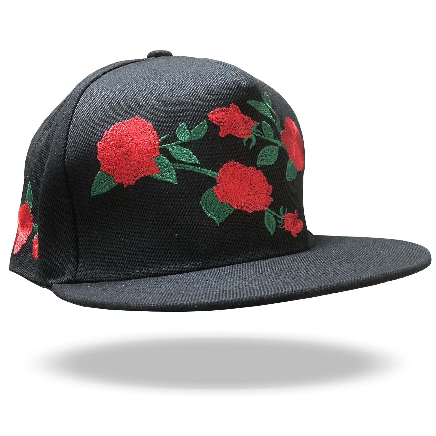 AyCaiu Outdoor Sports Snapback Hat with Embroidery Rose, Flat Bill Baseball Cap for Men & Women (Black)
