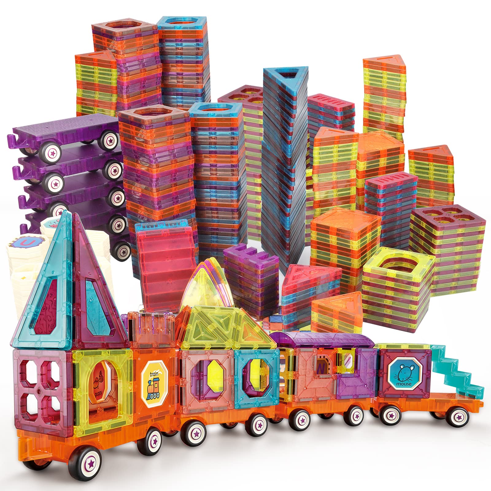 Magnetic Tiles Building Blocks with 4 Cars Magnet Train Set for Kids Construction STEM Toy Preschool Educational Creativity Learning Brithday Gift for Girls Boys Toddlers 3 4 5 6 7 8