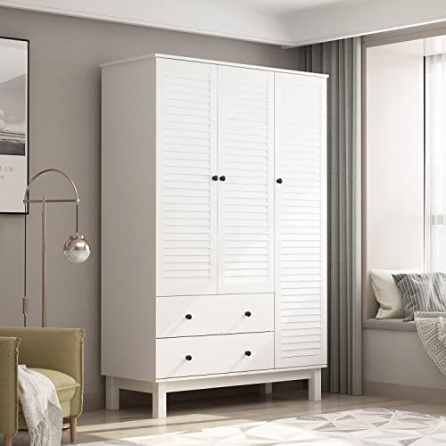 ECACAD Large Wardrobe Armoire with 4-Tier Shelves, 2 Drawers, Hanging Rod & 3 Louver Doors, Wooden Closet Storage Cabinet for Bedroom, White (48”W x 20.2”D x 71”H)