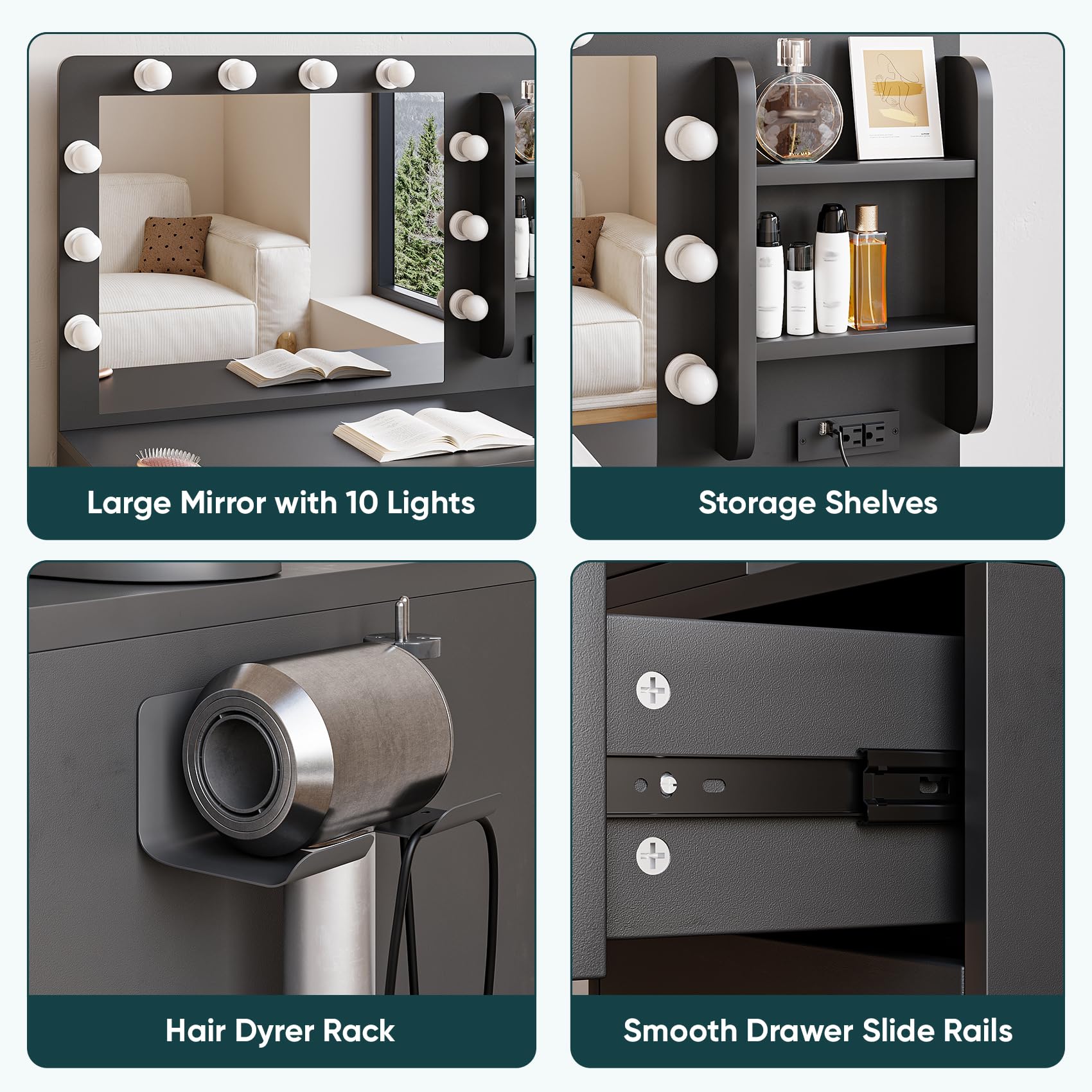 Semiocthome Vanity Mirror with Lighted Mirror and Power Strip 10 LED Lights Makeup Vanity Desk with Storage Shelves and Cushioned Stool, 5 Drawers Large Capacity Dressing Table for Bedroom-Black