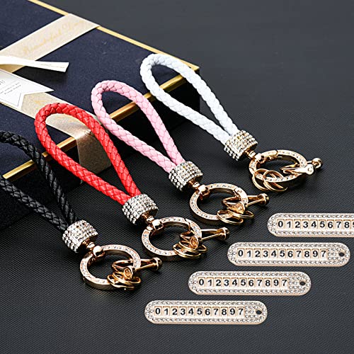 MUGVOLAX Anti-Lost car Keychains, Key fob Chains with Phone Number Plate, Leather Woven key chains, Accessories With Bling Rhinestones (White)