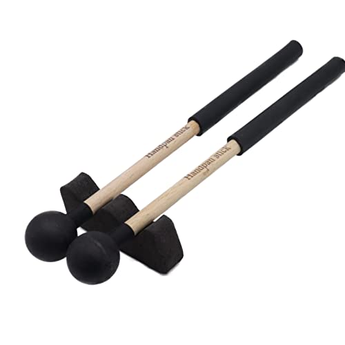 Cheerock 1 Pair Wood Tongue Mallets with Bracket, Black Handpan Sticks, Rubber Handle Steel Tongue Mallet, Percussion Instruments Accessory