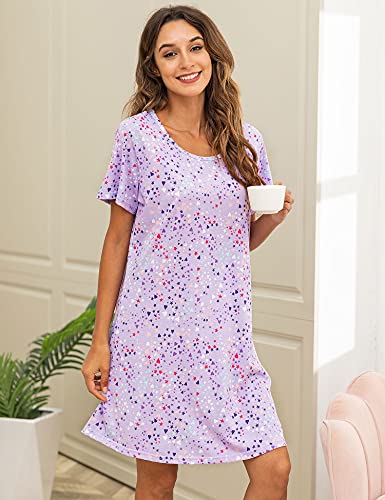 ENJOYNIGHT Sleepwear Women's Nightgown Printed Sleep Shirt Short Sleeve Sleep Tee Cotton Nightshirt (Purple,1X-2X)