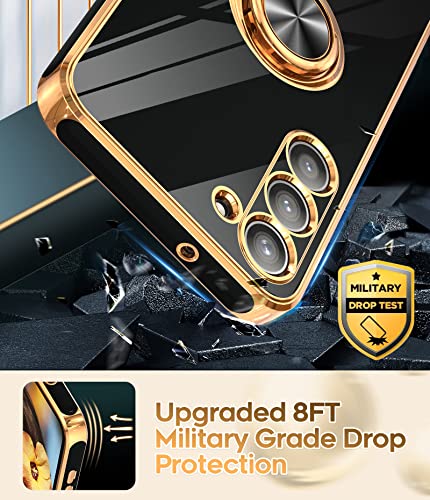 LeYi for Samsung Galaxy S23 Case 360° Rotatable Ring Holder Magnetic Kickstand, Plating Rose Gold Edge Protective Case, Black