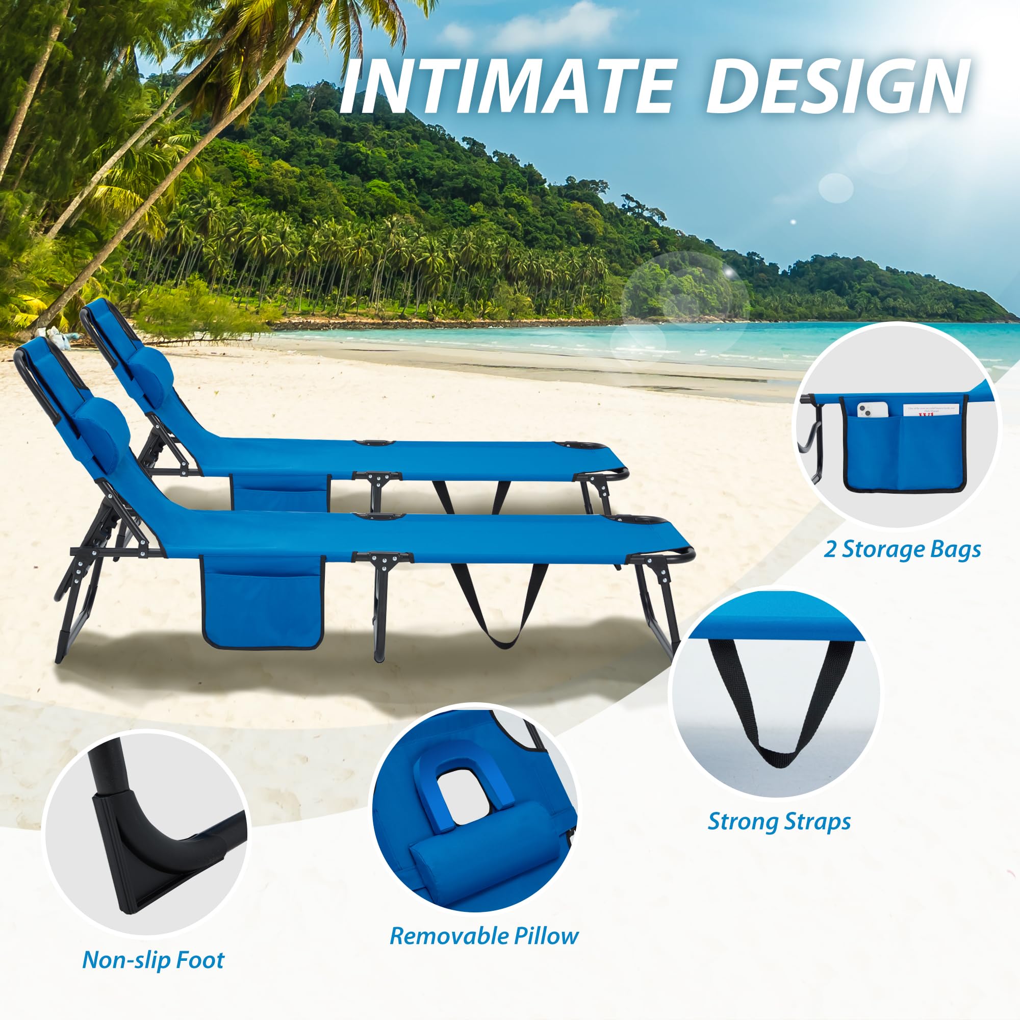 Candockway 5-Fold Lounge Chair, Outdoor Tanning Chair with Face Hole, Support 450lbs, Non-Slip Foot & Portable Handle, 2 Function Pockets Portable Chaise for Beach, Patio(1, Blue)